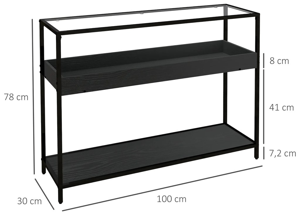 HOMCOM Konzolový stolek se 2 policemi Předsíňový stolek se skleněnou deskou, botník, ocel, černý, 100x30x78 cm| Aosom