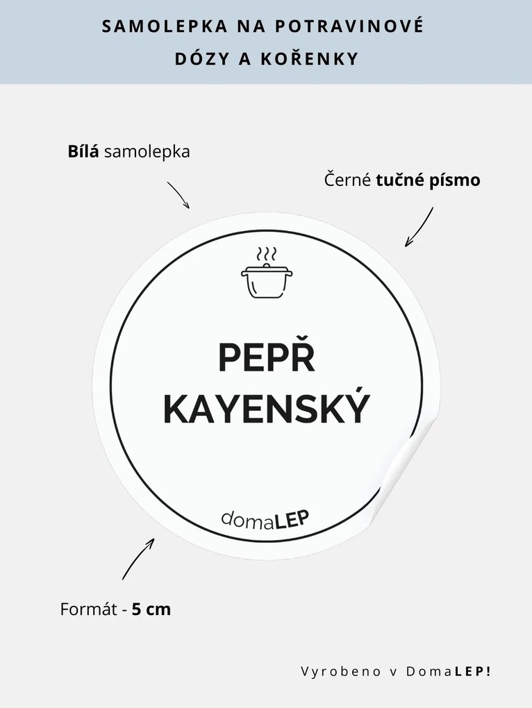 Samolepka na kořenky PEPŘ KAYENSKÝ bílá 5 cm tučné písmo
