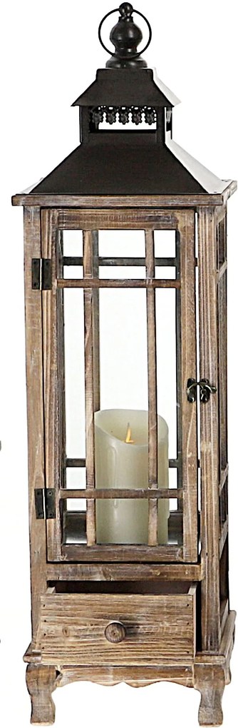 Dřevěný lucerna s plechovým vrchem se šuplíkem MSL3392BR - hnědý (16x16x46 cm)  venkovský stylu