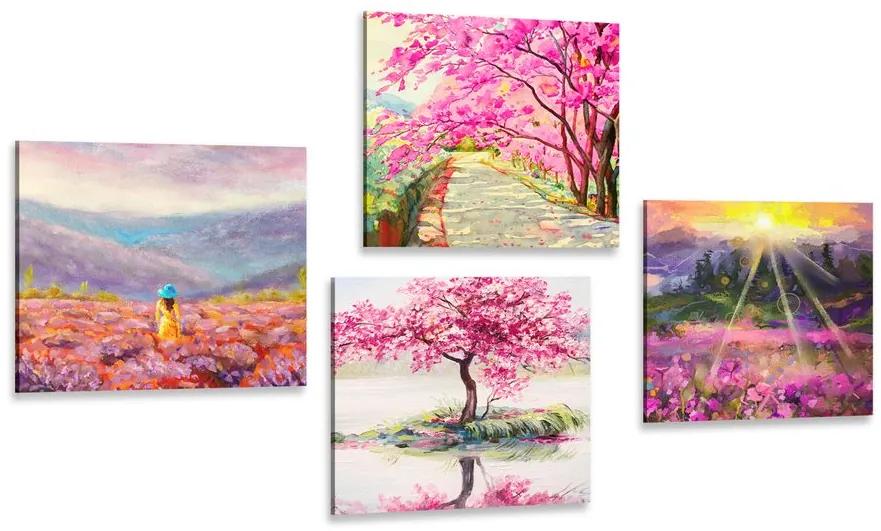 Set obrazů nádherná imitace olejomalby v růžové barvě Varianta: 4x 40x40