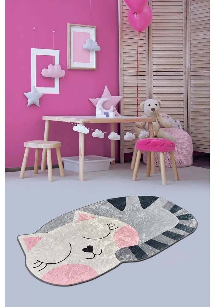 Šedý dětský protiskluzový koberec Conceptum Hypnose Big Cat, 100 x 160 cm