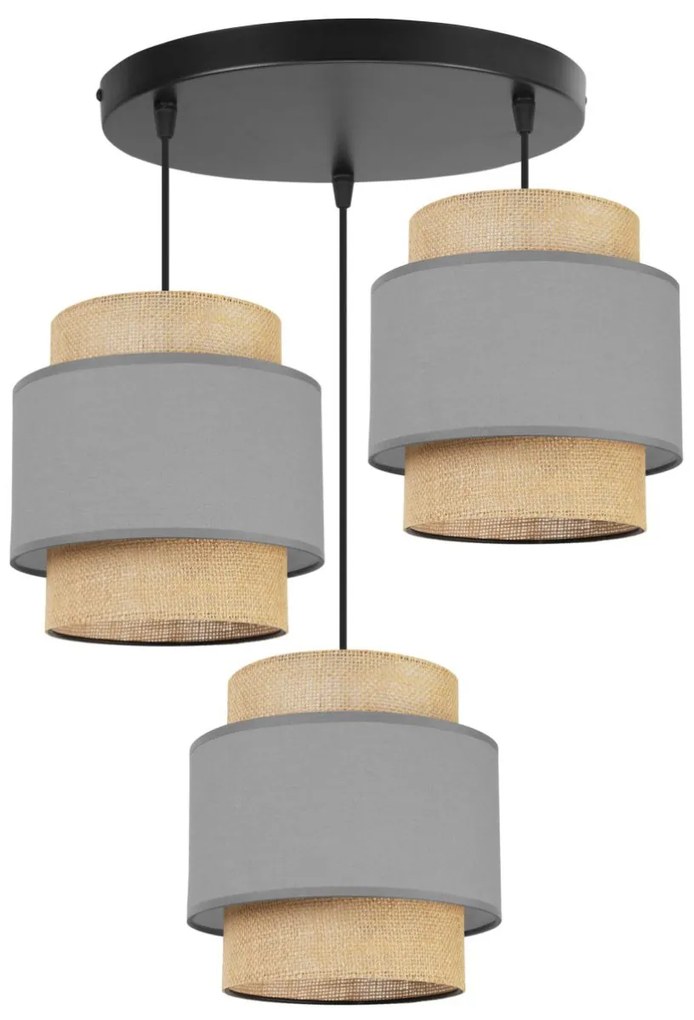 Závěsné svítidlo Boho, 3x jutové/šedé textilní stínítko, o