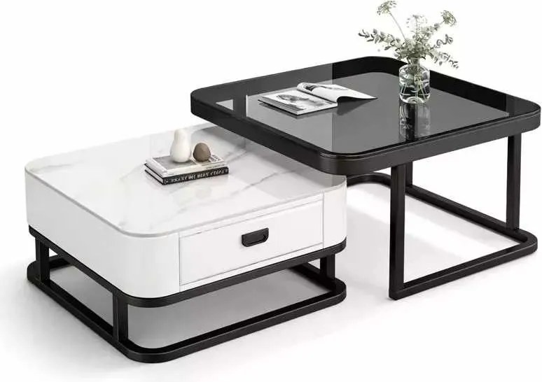 LuxuryForm DESIGN Konferenční stolek ARAGON 70 × 70 / 60 × 60 cm – bílý / bílý mramor + sklo (set 2 ks)