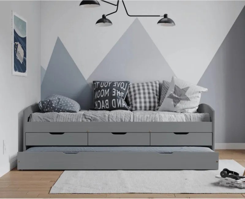 Postel s výsuvnou přistýlkou, 90x200, šedá, masiv, MARINELLA NEW Kondela 0000357994