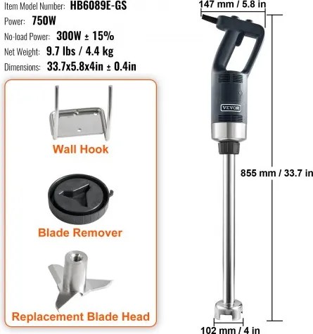Komerční ponorný mixér Ruční mixér pro velké zatížení 750 W – HB6089E-GS