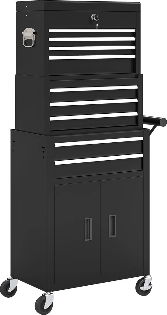 box na nářadí 3 v 1, skříňka na nářadí se 4 kolečky, uzamykatelný box na nářadí s 9 zásuvkami, ocel, černá barva