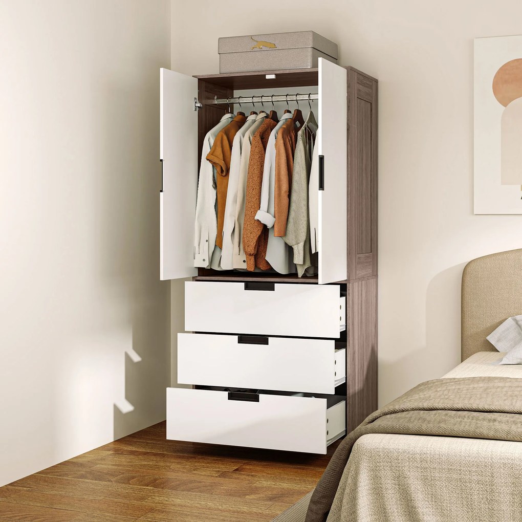 HOMCOM Moderní Šatní Skříň pro Dospělé s 3 Zásuvkami a Zavěsným Tyčí, Rozměry 80Š x 50H x 180V cm, Hnědá