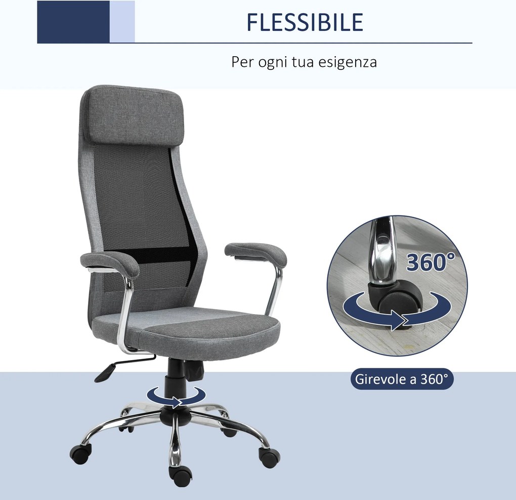 Vinsetto Ergonomická otočná kancelářská židle, nastavitelná výška a funkce houpání, síťovina, 65x67x119-129cm, Šedá