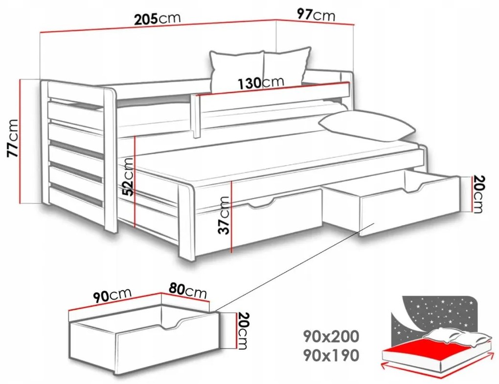 Dětská postel z masivu borovice TOMÁŠ II s přistýlkou a šuplíky - 200x90 cm - přírodní borovice