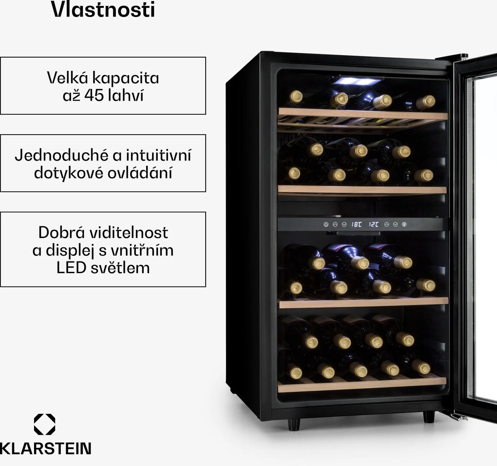 Klarstein Vinamour 45D, vinotéka, 118 l/45 lahví, 2 zóny, 5-18 °C, nerezová ocel