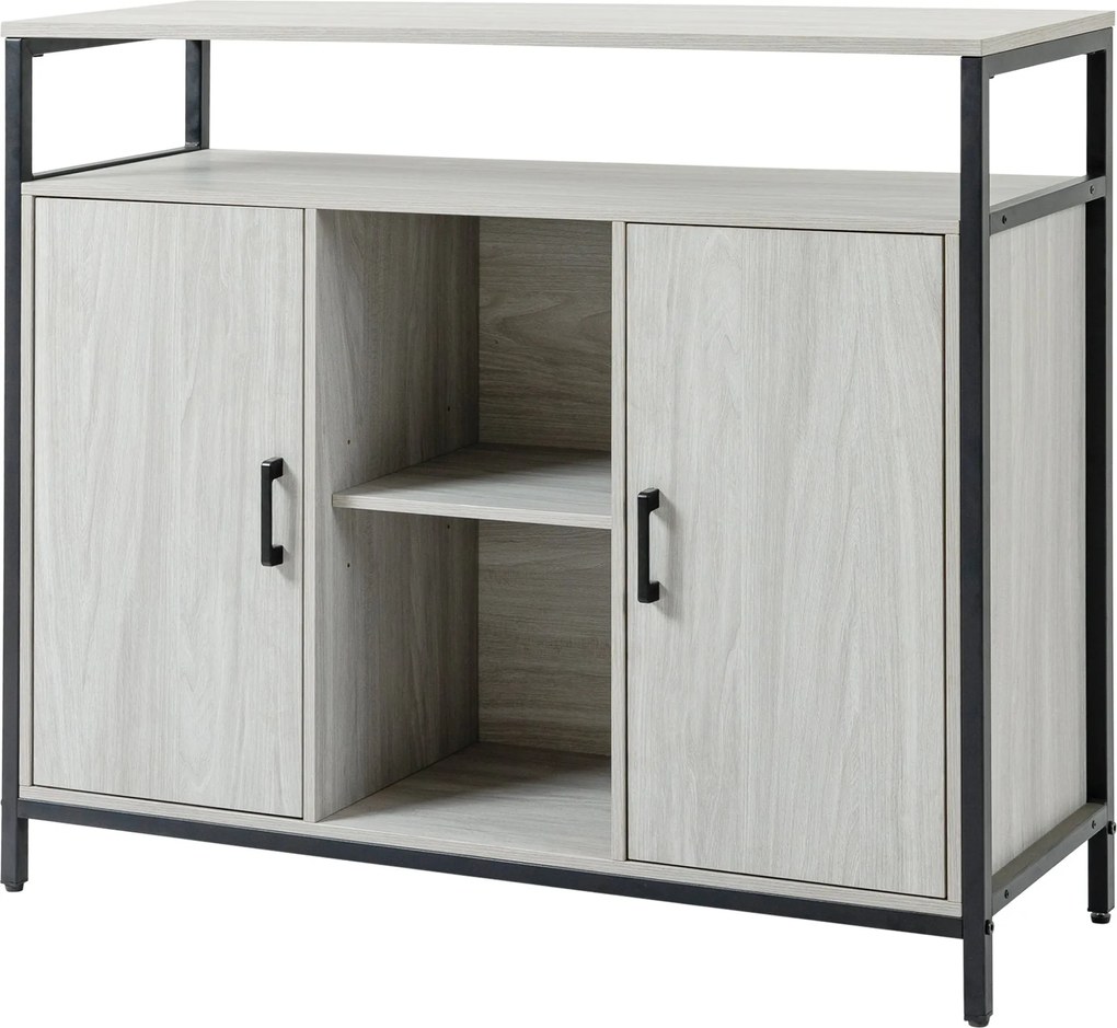 HOMCOM Moderní dřevěný kredenc se 2 skříňkami a policemi, světle šedý kuchyňský a vstupní kabinet, 100x34x87,2cm | Aosom