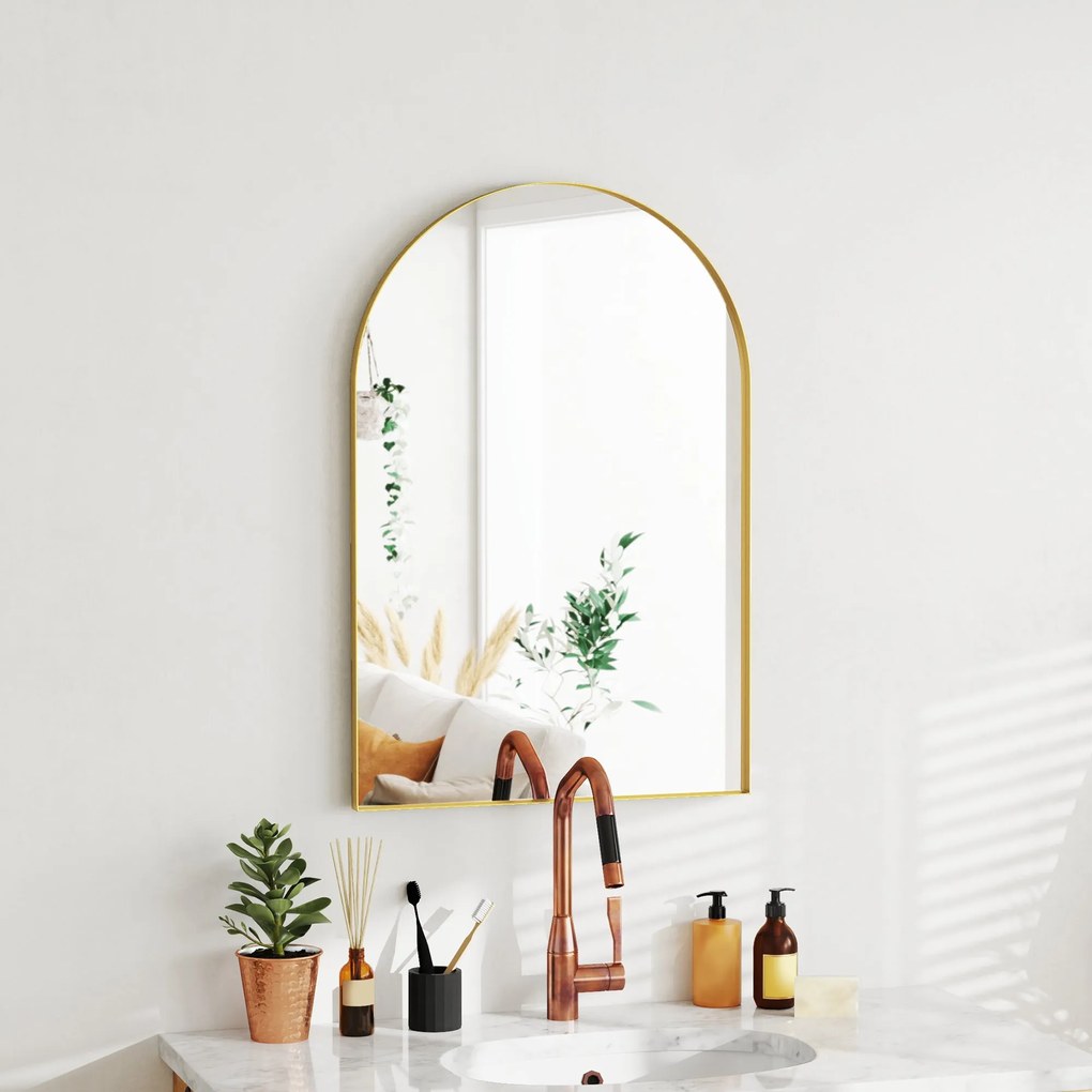 HOMCOM Zrcadlo se zakřivením, koupelnové zrcadlo, 60 x 90 cm, vysoké rozlišení, s rámem z hliníkové slitiny, pro ložnici, obývací pokoj, předsíň, zlat