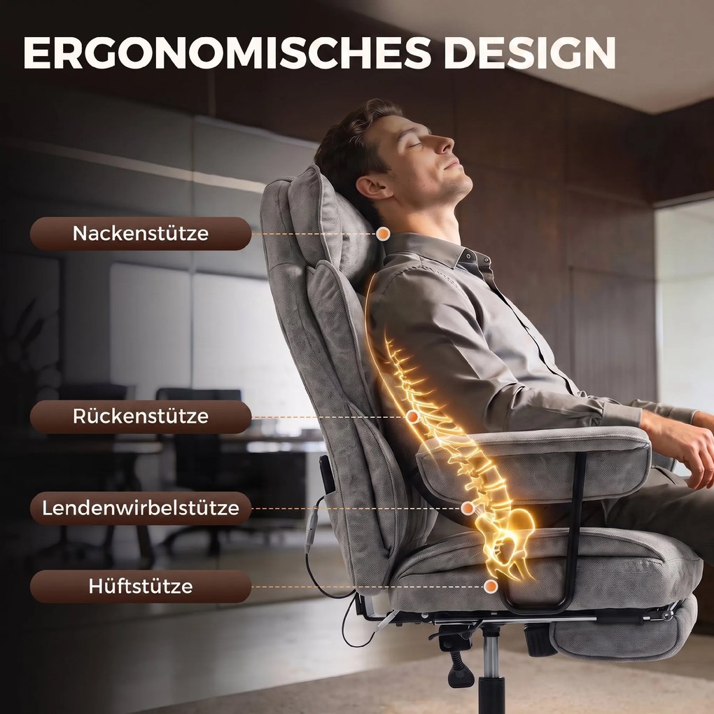 HOMCOM Kancelářská židle se 6-bodovou masáží a vyhříváním, kancelářská židle s opěrkou nohou, bederní opěrkou a širokým sedákem, šedá