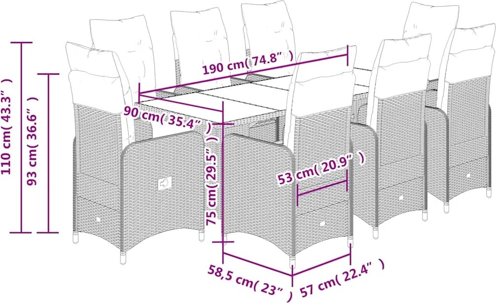 9dílný zahradní bistro set s poduškami hnědý polyratan 3277073