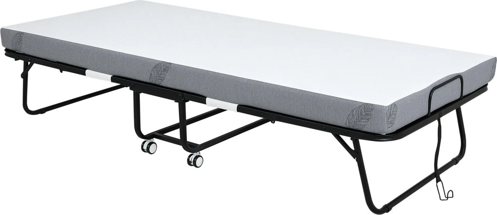 Skládací postel HOMCOM 200x90x42,5 cm - přenosná kempingová postel s jedním matracem, kolečky a brzdami, nosnost 150 kg, bílá | Aosom