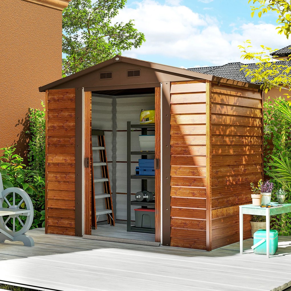 Outsunny Kovový Zahradní Kůlna s Dřevěným Vzhledem 3 m² 152 x 235,7 x 208,7 cm Sklad pro Nástroje s Šikmou Střechou, Okny a Dvoubarevnými Posuvnými D…