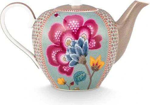 Pip Studio Blooming Tales velká čajová konvice 1,6 l, modrá-khaki (Čajová konvice z tenkostěnného porcelánu)
