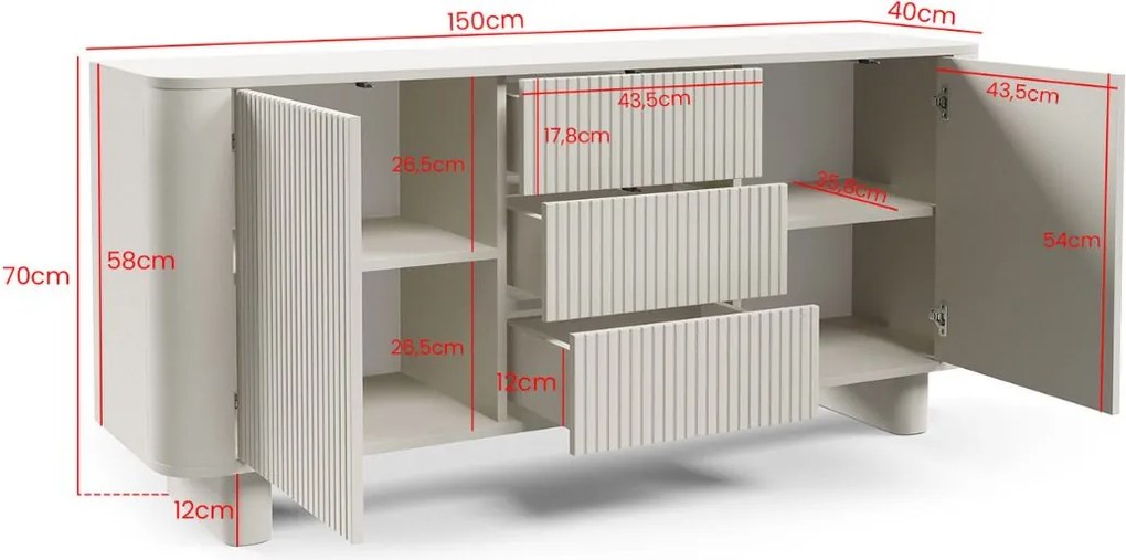 Kašmírová komoda Trenza 2D3S s drážkovanými čely
