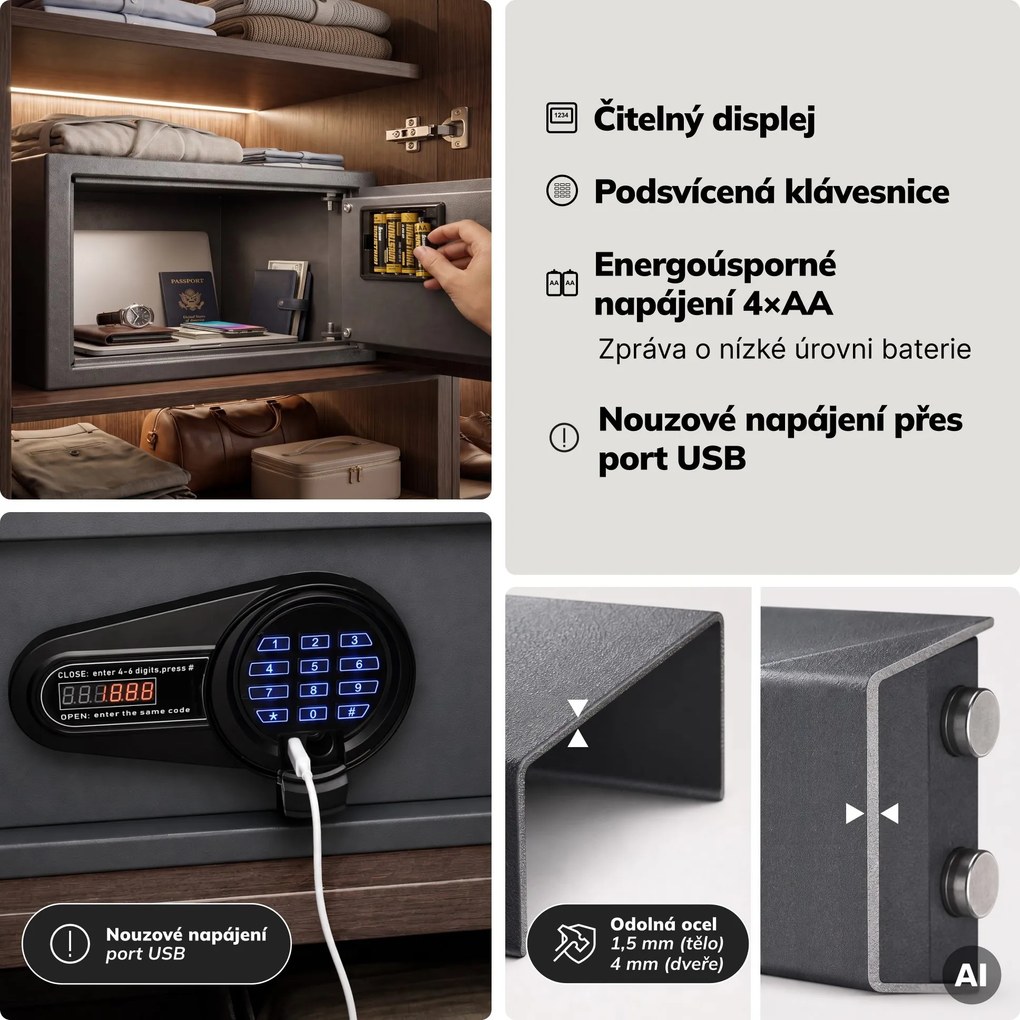 Hotelový trezor elektronický s kódovým zámkem, na notebook 15″ a dokumenty, 200 x420x370 mm: ALFRED