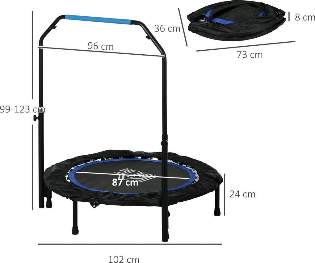HOMCOM Fitness trampolína SPORTNOW 102 cm s výškově nastavitelnými řídítky a LCD monitorem, nosnost až 100 kg, skládací, robustní ocelový rám, modrá …