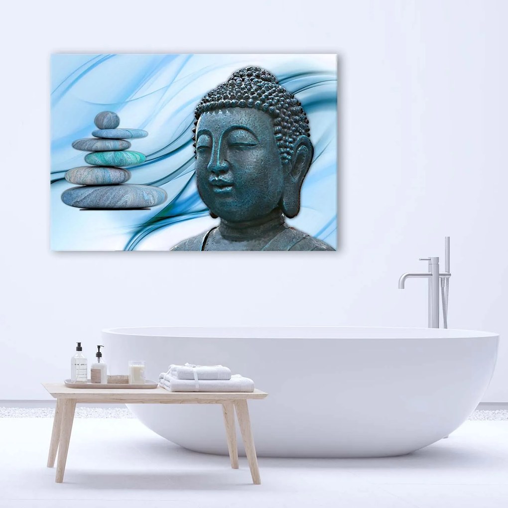 Gario Obraz na plátně Hlava Buddhy a kameny - modrý Rozměry: 60 x 40 cm