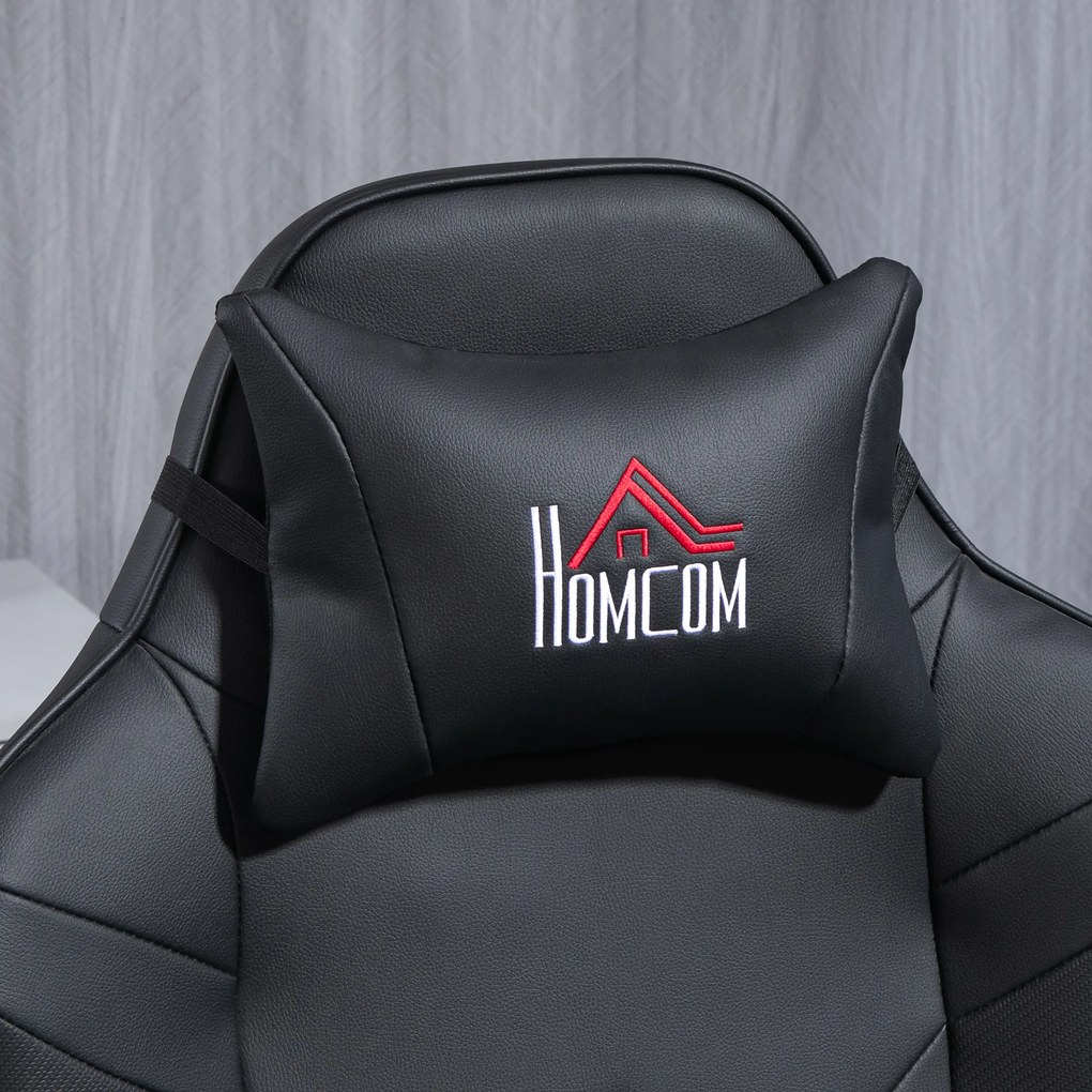 HOMCOM Herní židle s masáží, otočná o 360°, 6 masážních bodů, podnožka, odnímatelná opěrka hlavy, imitace kůže, 79.5 x 82.5 x 111.5cm, černá