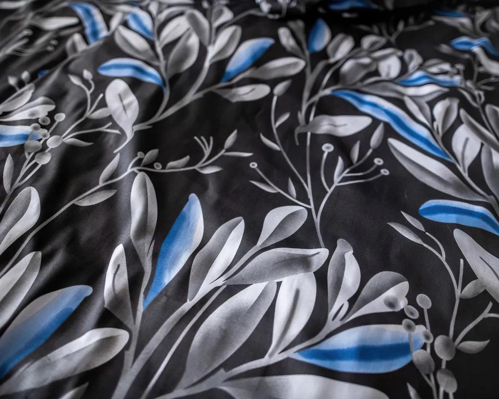 MyHouse povlečení EMA BLANCHE, modré listy na šedé, bavlněný satén, 140x200cm + 70x90cm