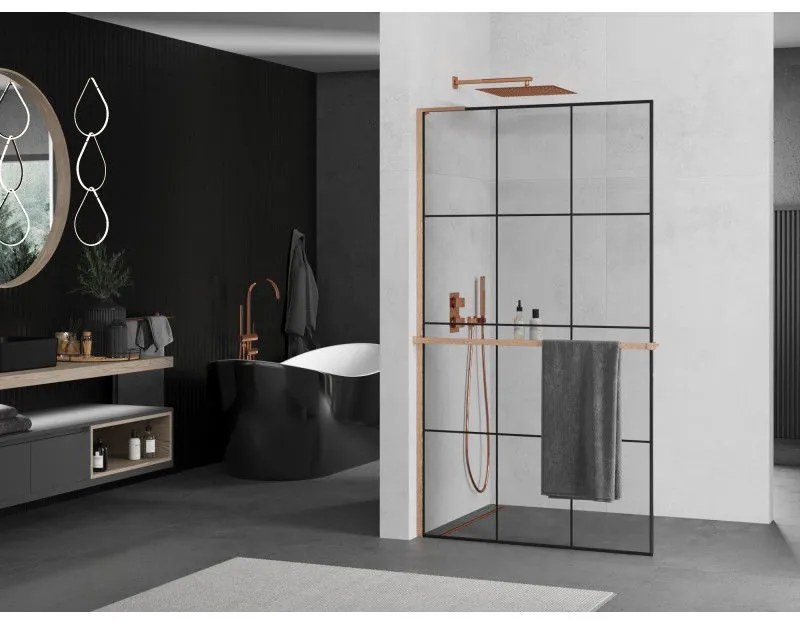 Mexen Kioto+ L, sprchová zástěna Walk-In s poličkou a věšákem 110 x 200 cm, 8mm čiré sklo černý vzor, měděný matný profil, 800-110-123-65-77