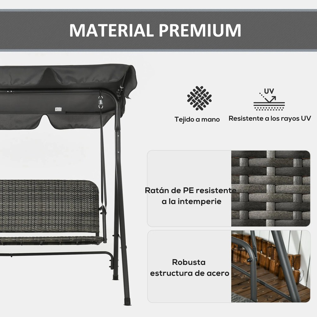 Outsunny zahradní houpačka pro tři osoby s nastavitelnou stříškou, sedadlo z PE ratanu a opěrkami na balkón, terasu, patio, nosnost 240 kg, 167x112x1…