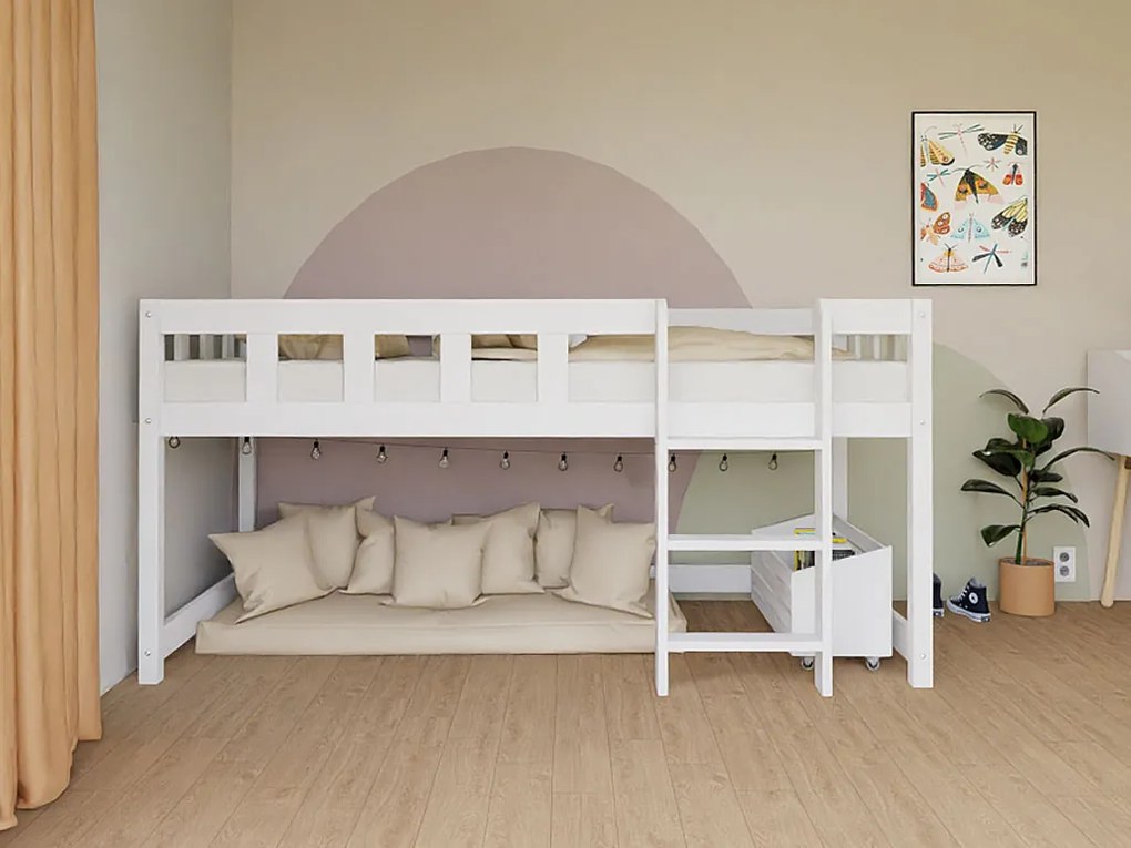 Benlemi Nízká vyvýšená postel PLOTTY s žebříkem 90x200 cm Zvolte barvu: Světle šedá, Zvolte stranu: Vpravo, Zvolte variantu: Se závěsem