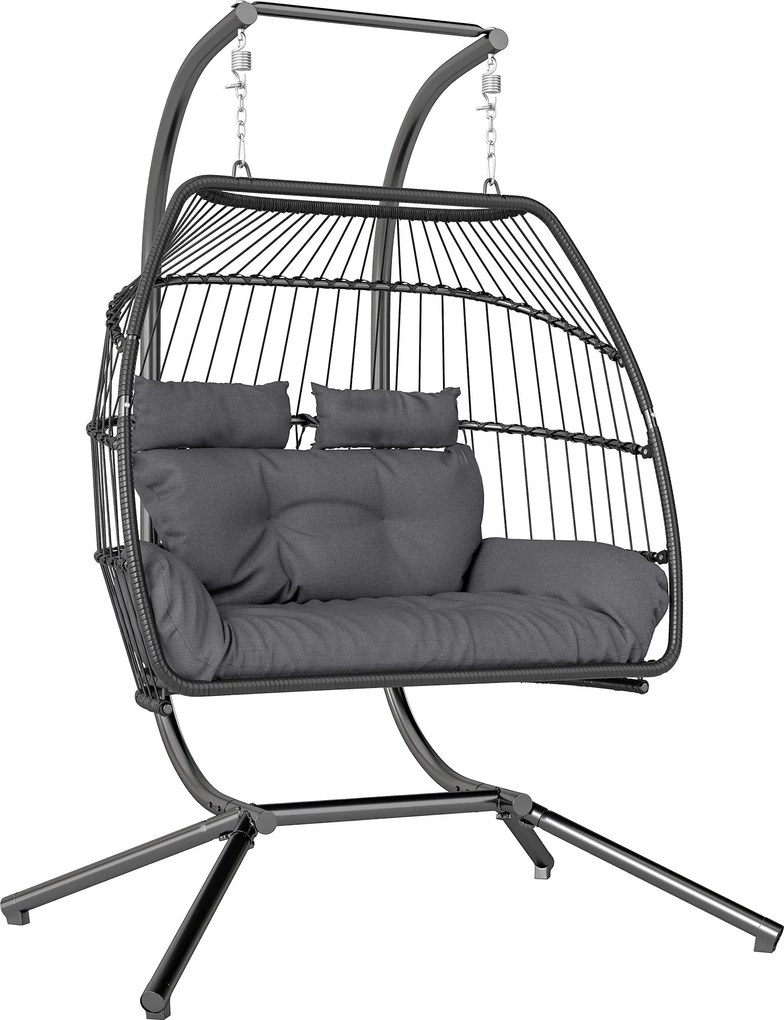 Outsunny závěsné křeslo s skládacím stojanem, závěsný košík s polštářem, ergonomické houpací křeslo z poly ratanového materiálu pro 2 osoby, závěsné k