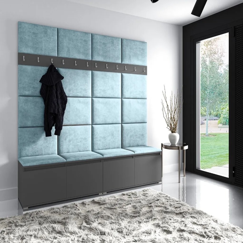Eka Předsíňová stěna s čalouněnými panely Trinity 4 - Grafit / Světle modrá 2322