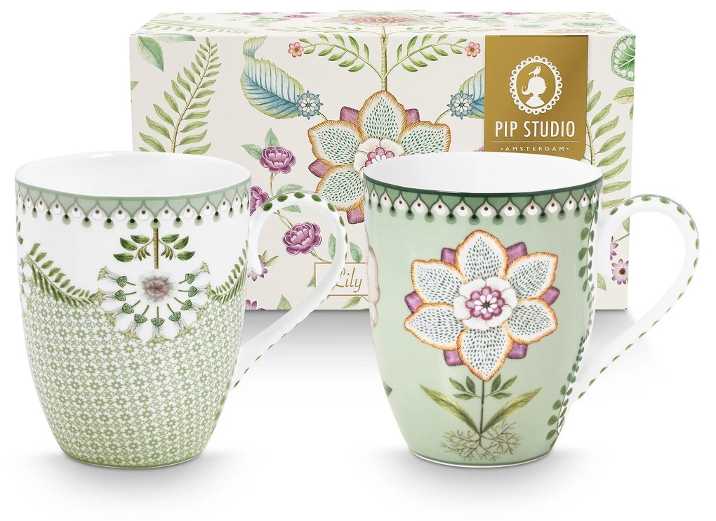 Pip Studio Lily &amp; Lotus sada 2 hrnků 350ml, zelený (sada 2 hrnků v dárkovém balení)