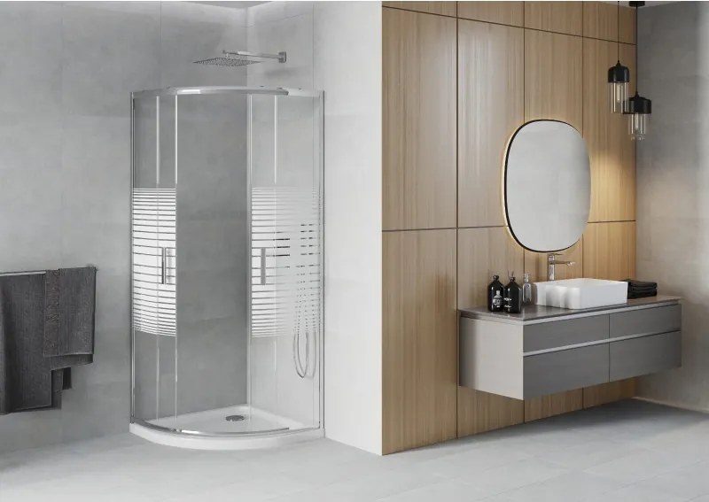 Mexen Rio polokruhový sprchový kout 90 x 90 cm, bílé pruhy, chrom + vanička Flat, bílá - 863-090-090-01-20-4110