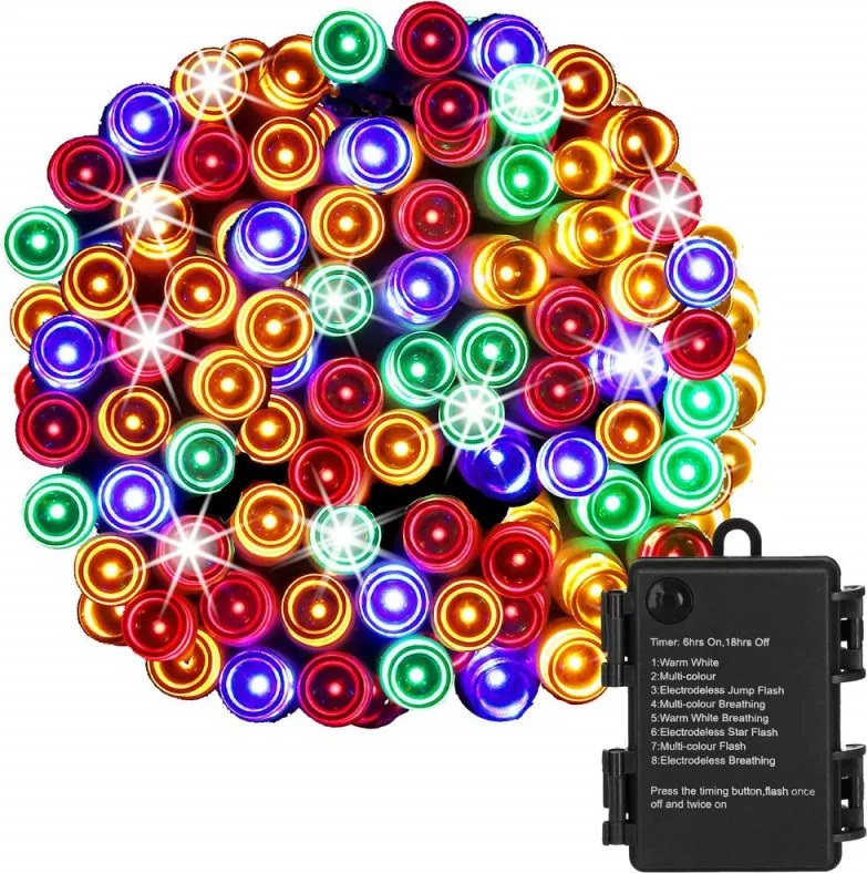 LED řetěz - 5m, 50LED, 8-funkcí, časovač, 3xAA, IP44, multicolor
