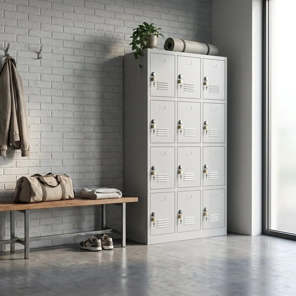 Kovová šatní skříňka - 12 boxů, 90 x 40 x 185 cm, otočný zámek, šedá - ral 7035