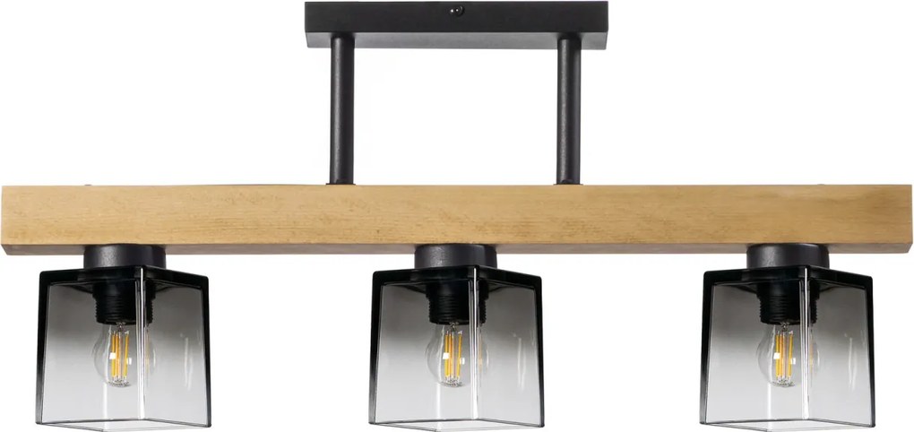 Light for home - Dřevěné přisazené k stropu svítidlo s unikátními skleněnými stínidly "Rustic Radiance" 40603, 3x60W, E27, černá, přírodní buk
