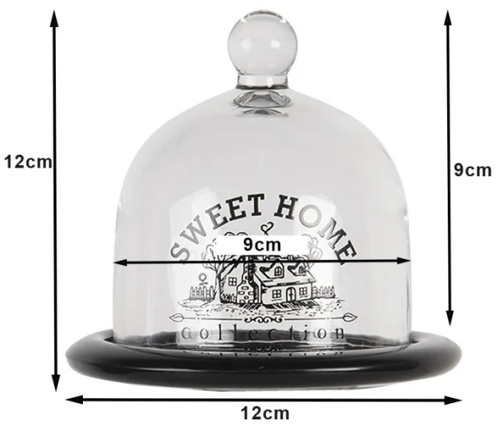 Skleněný poklop Sweet Home s černou miskou – 12x12 cm