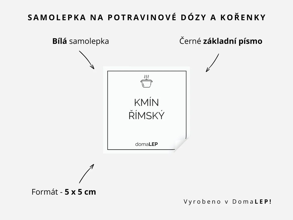 KMÍN ŘÍMSKÝ - omyvatelná samolepka na kořenky, výběr rozměrů Ø 5 cm / 5 x 5 cm / 6 x 8 cm | DomaLEP tvar: ČTVEREC, barva: BÍLÁ - ČERNÉ písmo, velikost: š. 5 cm x v. 5 cm - tučné písmo