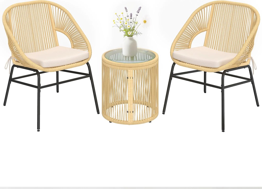 Outsunny 3dílný ratanový bistro set – 2 polstrovaná křesla a tvrzený skleněný stolek, ergonomický nábytek na balkon/terasu, béžová | Aosom