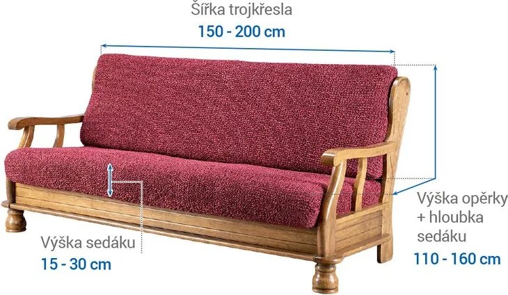 Bielastické potahy VITTORIA bordó trojkřeslo s dřevěnými rukojeťmi (š. 150 - 200 cm)