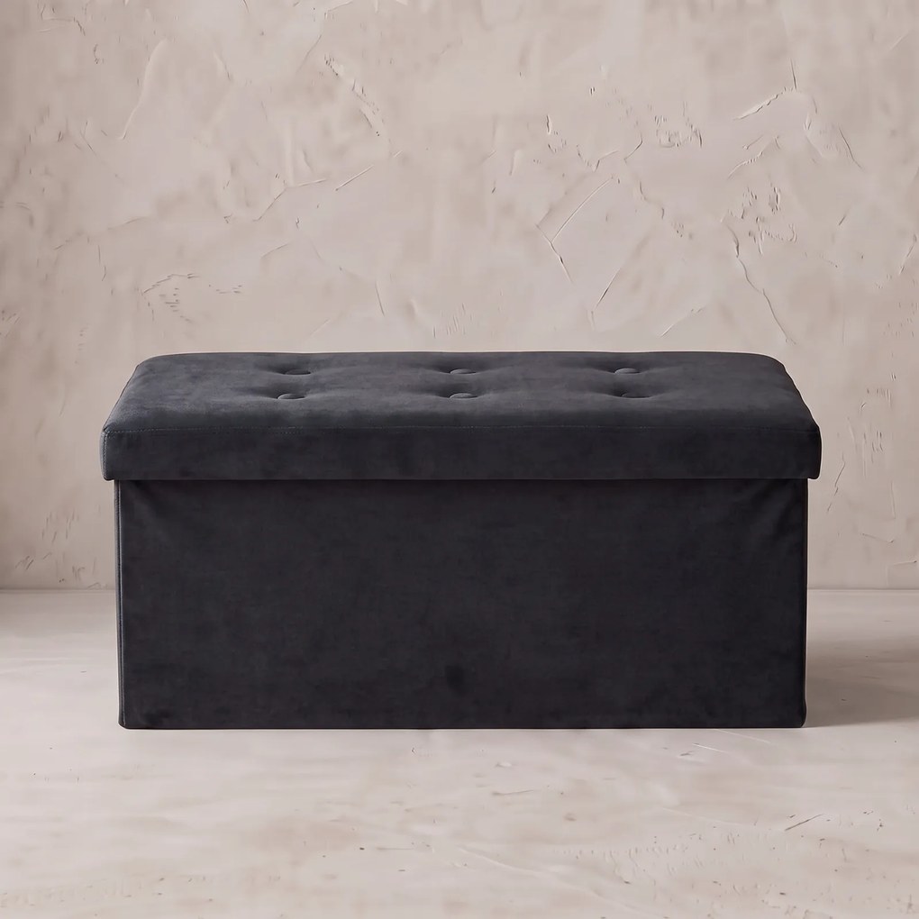 Obdélníkový sametový taburet s úložným prostorem, skládací, 76 × 38 × 38 cm, černý