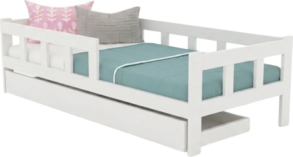 Benlemi Dřevěná jednolůžková postel FENCE 4v1 se zábranou a úložným šuplíkem Zvolte barvu: Šalvějová zelená, Zvolte rozměr: 90x190 cm, Zvolte zábranu: S otevřeným vstupem