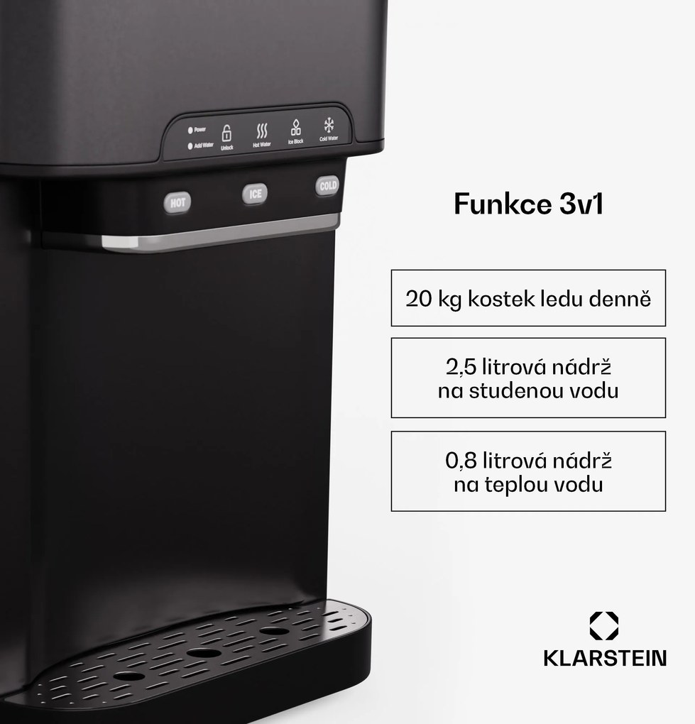 Klarstein Aqueous výrobník ledu 3 v 1: kostky ledu, dávkovač vody: horká a studená, 20 kg/24h