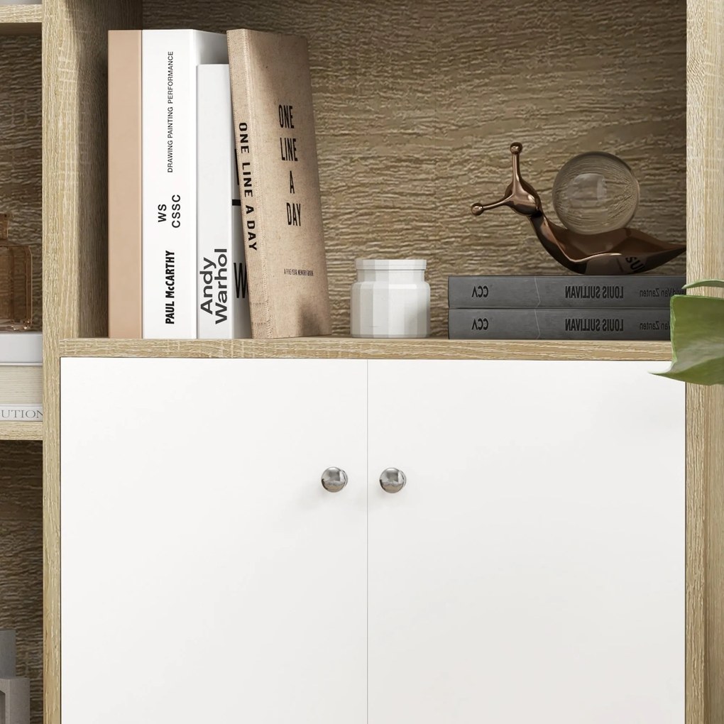 HOMCOM Knihovna v severském stylu z ořechového dřeva, rozměry 80L x 23,5W x 123H cm, 5 polic, skříňka s 2 dveřmi, zúžené nohy ze solidního borového d…