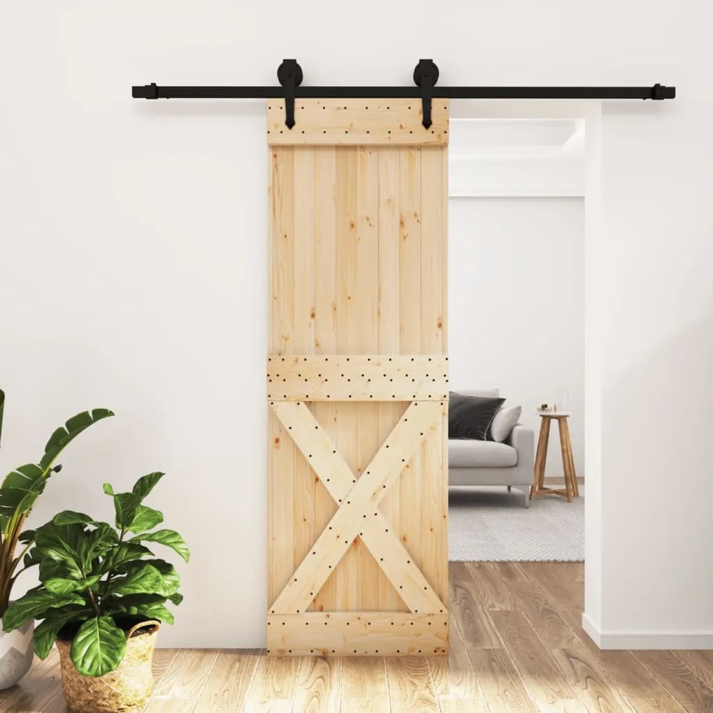 Posuvné Dveře S Kováním 70 X 210 Cm Masivní Borové Dřevo Stříbrná