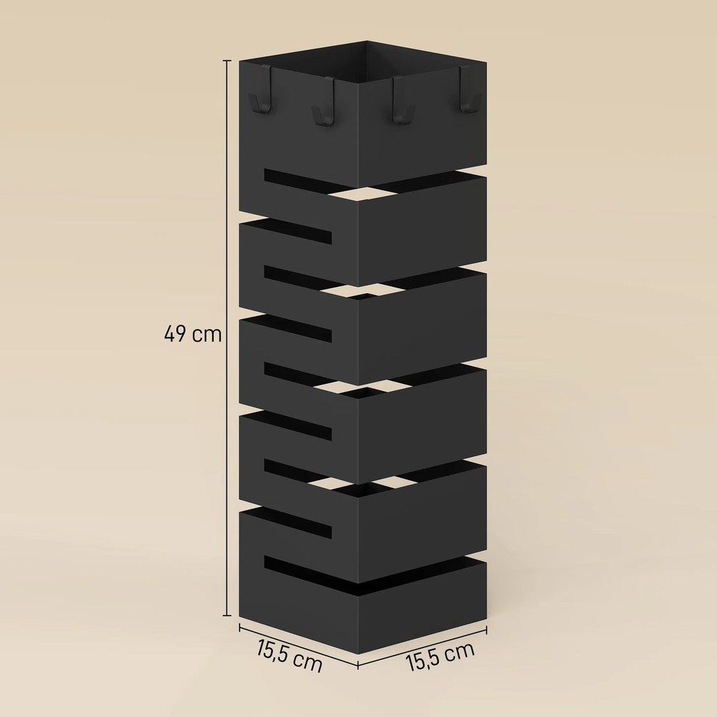 HOMCOM kovový stojan na deštníky, čtvercový držák s odnímatelnou miskou a 4 háčky, do předsíně, 15,5 x 15,5 x 49 cm, černý