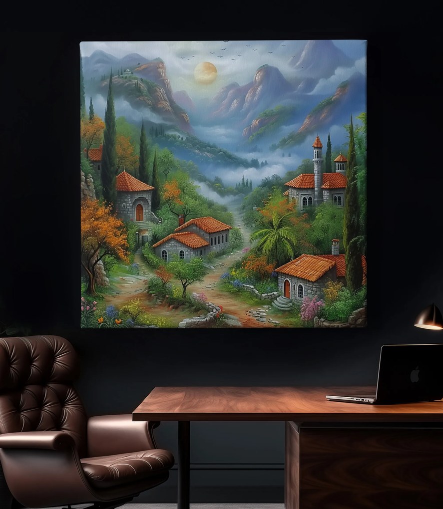 Obraz na plátně - Mlžné údolí s vesničkou La Trentina FeelHappy.cz Velikost obrazu: 100 x 100 cm