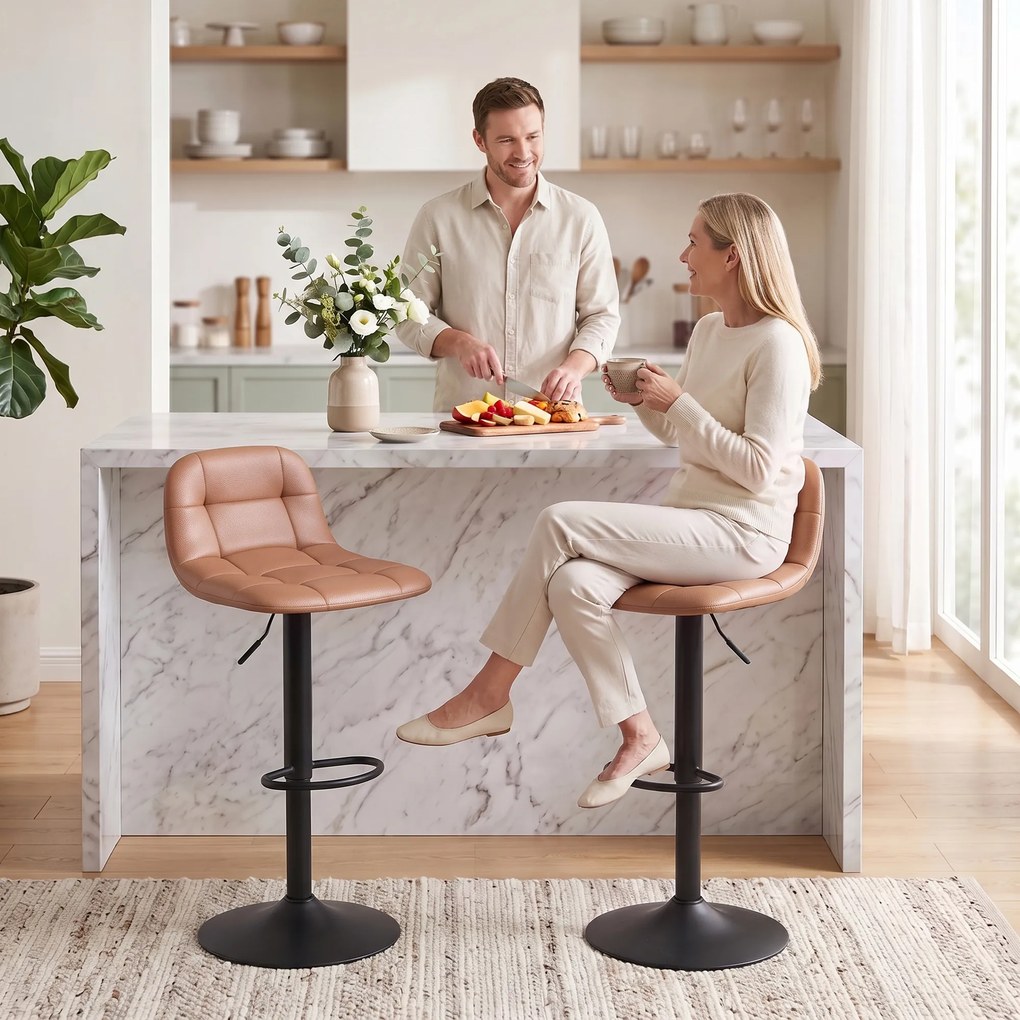 HOMCOM 2dílná sada barových židlí z PU kůže, retro-průmyslový styl, výškově nastavitelná, otočná o 360°, 40x41,5x76-98cm, tmavě hnědá
