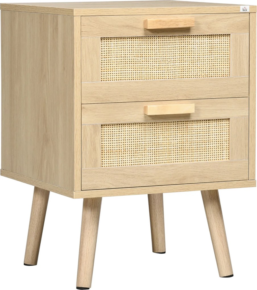 Noční stolek HOMCOM v boho stylu s 2 proutěnými šuplíky a dřevěnými nohami, 40x40x56 cm, přirozené | Aosom